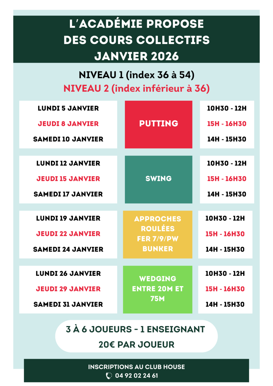 Cours Collectifs – Niveau 2 (index inférieur à 36) | Golf de la Vanade